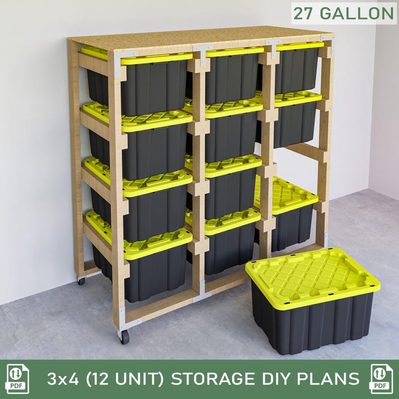 27 Gallon Tote Rack Plans - 3x4 (12 Unit), DIY Garage Storage Shelf ...