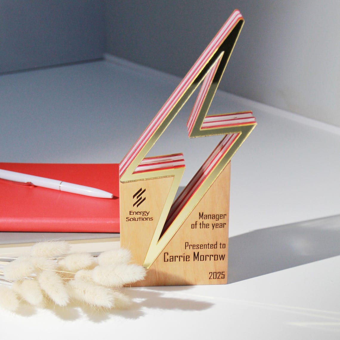 Lightning Bolt Acrylic Award, Personalized Corporate Trophy With Wooden ...
