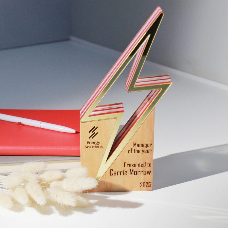 Lightning Bolt Acrylic Award, Personalized Corporate Trophy With Wooden ...