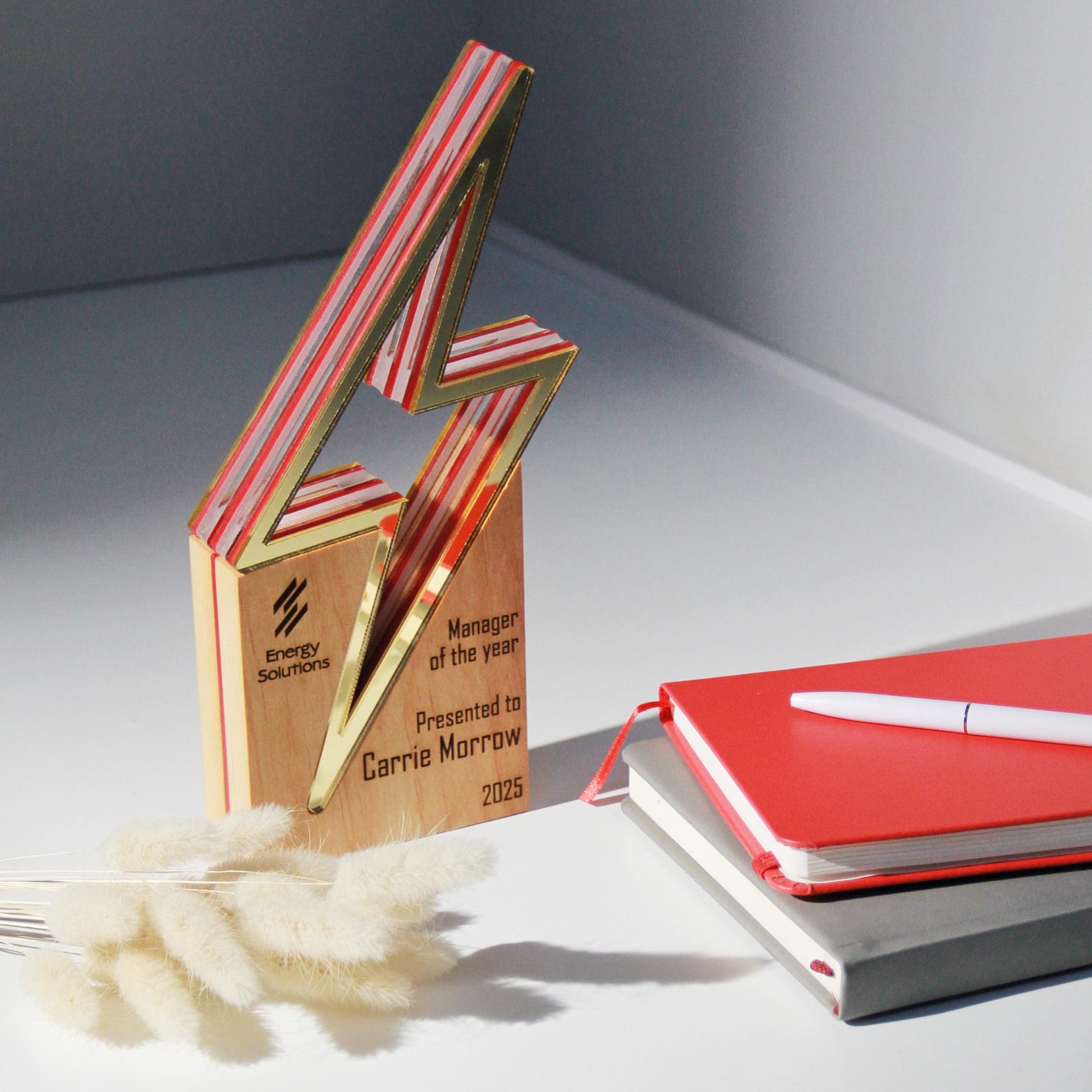 Lightning Bolt Acrylic Award, Personalized Corporate Trophy With Wooden ...