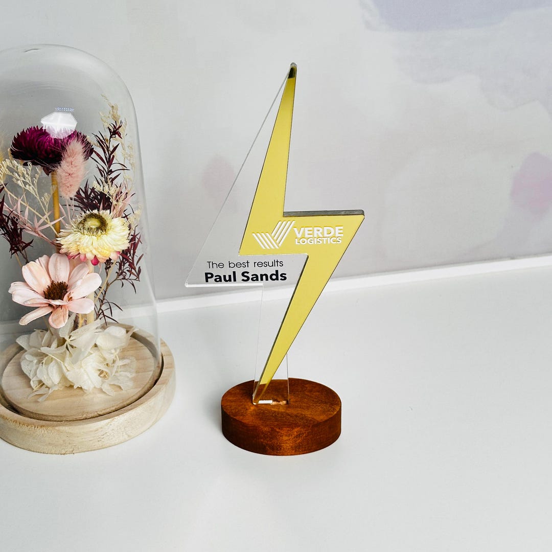 Lightning Bolt Acrylic Award, Personalized Corporate Trophy With Wooden ...