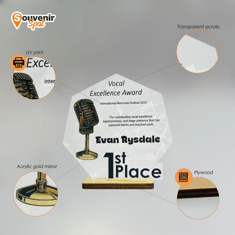 Personalized Music Award Trophy – Vocal Acrylic Plaque, Singing ...