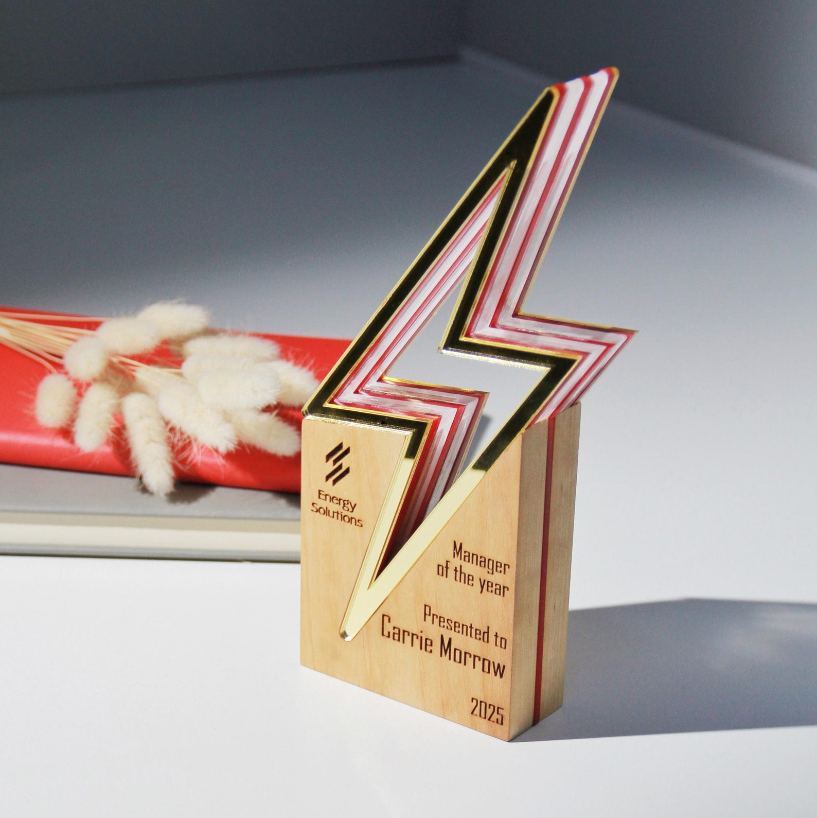 Lightning Bolt Acrylic Award, Personalized Corporate Trophy With Wooden ...