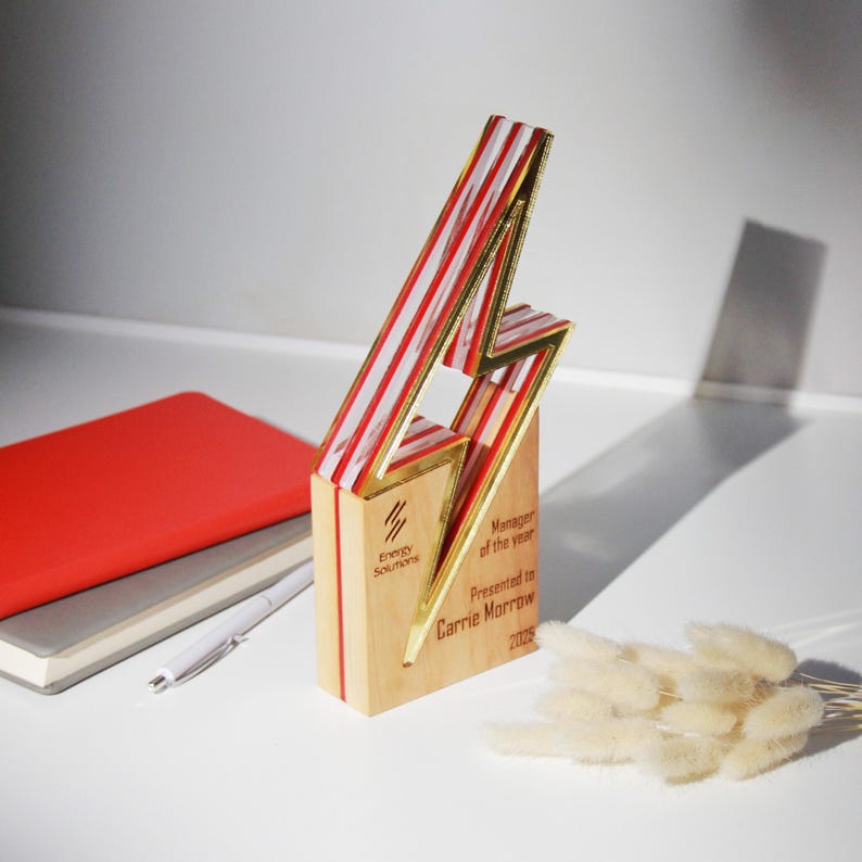Lightning Bolt Acrylic Award, Personalized Corporate Trophy With Wooden ...