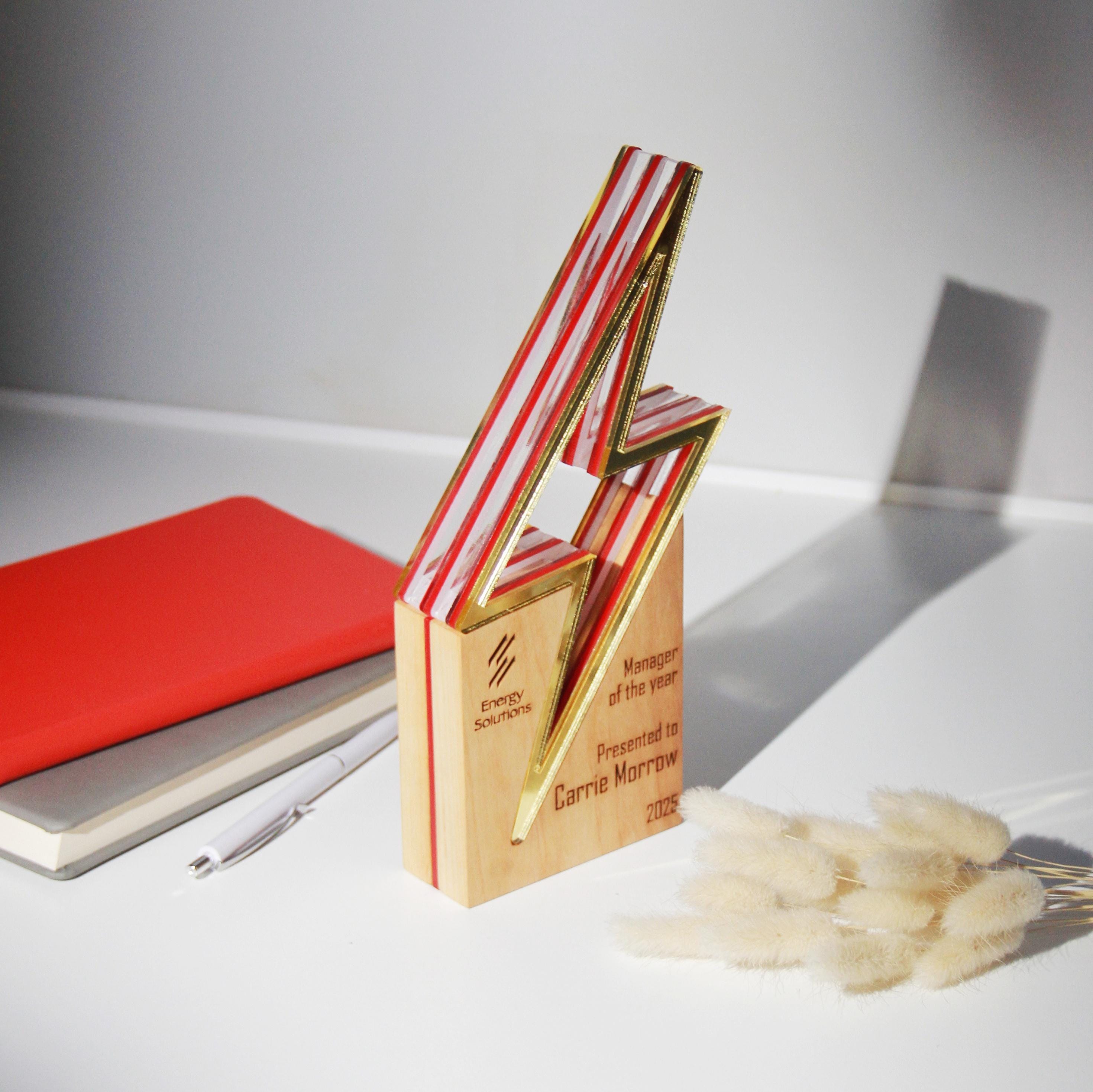 Lightning Bolt Acrylic Award, Personalized Corporate Trophy With Wooden ...