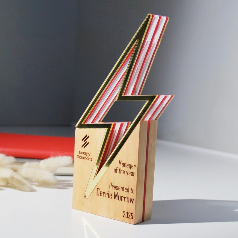 Lightning Bolt Acrylic Award, Personalized Corporate Trophy With Wooden ...