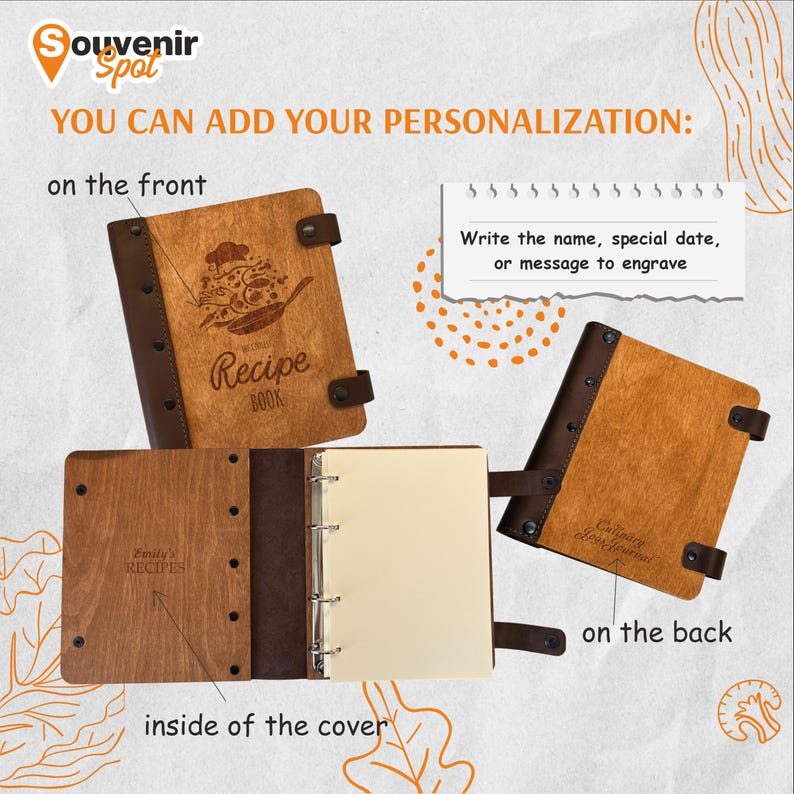 Engraved Wooden Recipe Book, Custom Binder With Leather Spine ...