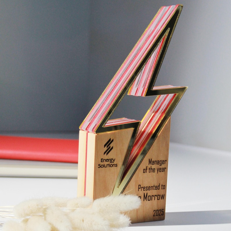 Lightning Bolt Acrylic Award, Personalized Corporate Trophy With Wooden ...