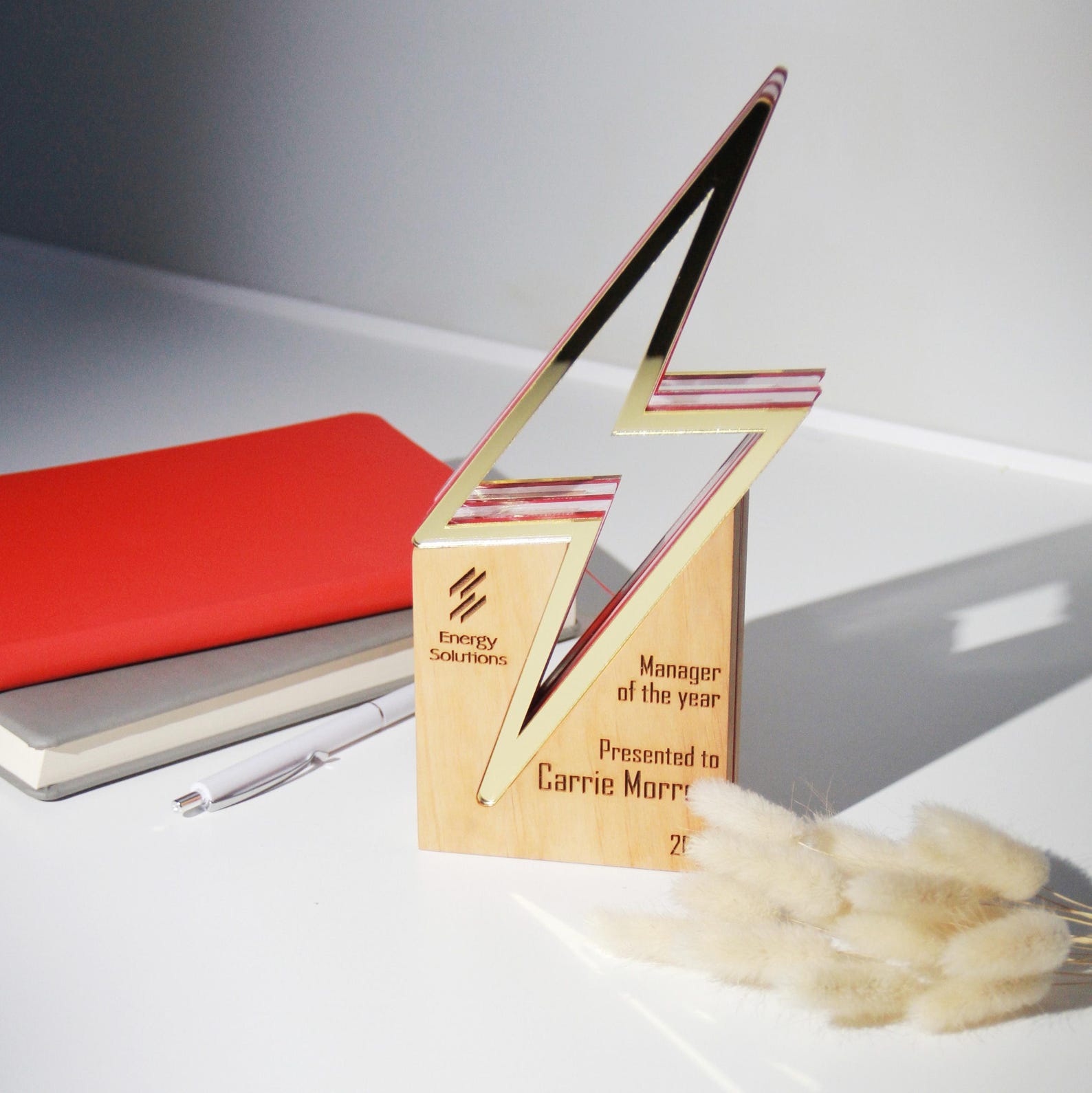 Lightning Bolt Acrylic Award, Personalized Corporate Trophy With Wooden ...