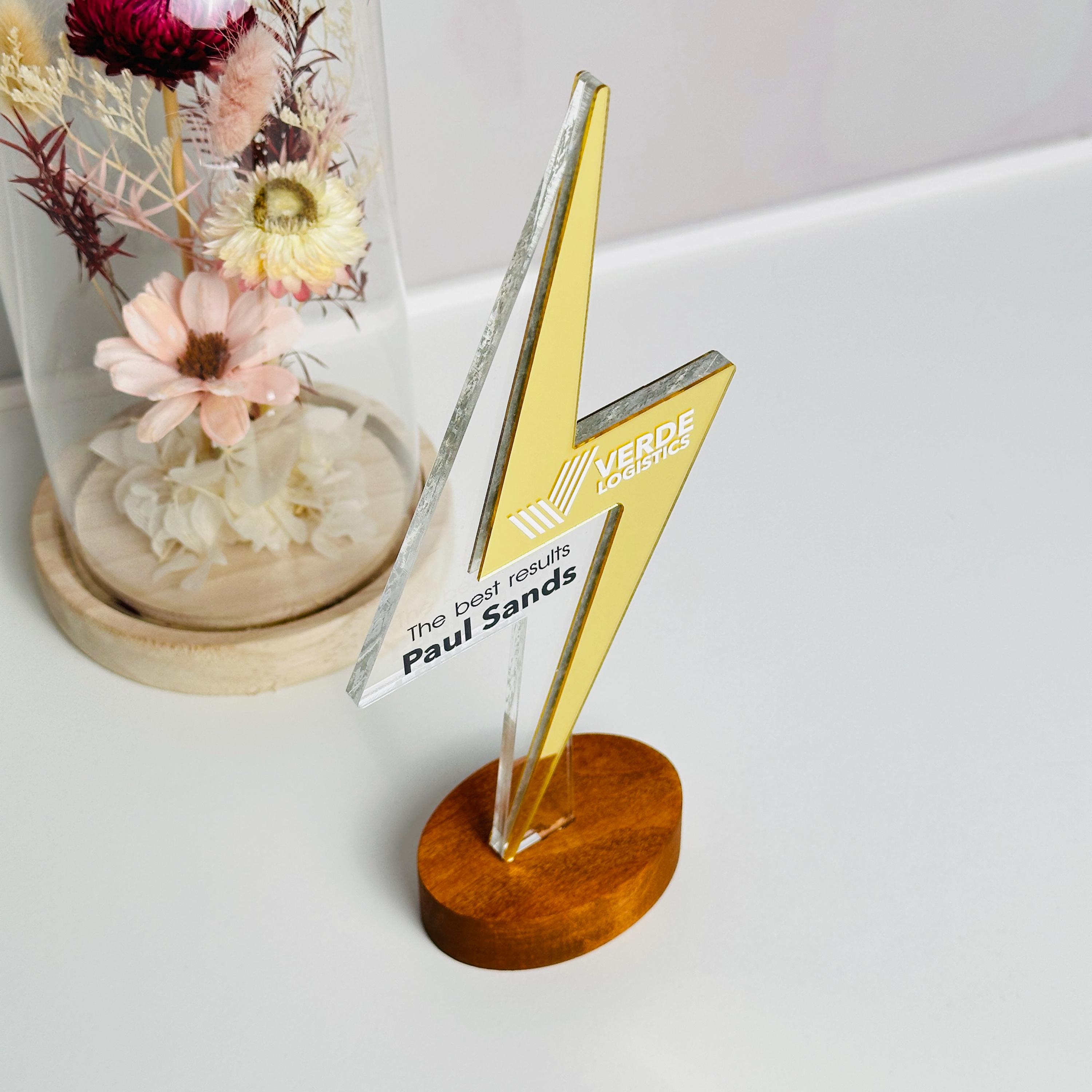 Lightning Bolt Acrylic Award, Personalized Corporate Trophy With Wooden ...