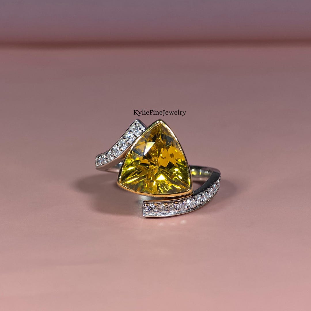 4.75CT Yellow Sapphire Trillion Cut Engagement Ring Half Pave Eternity ...