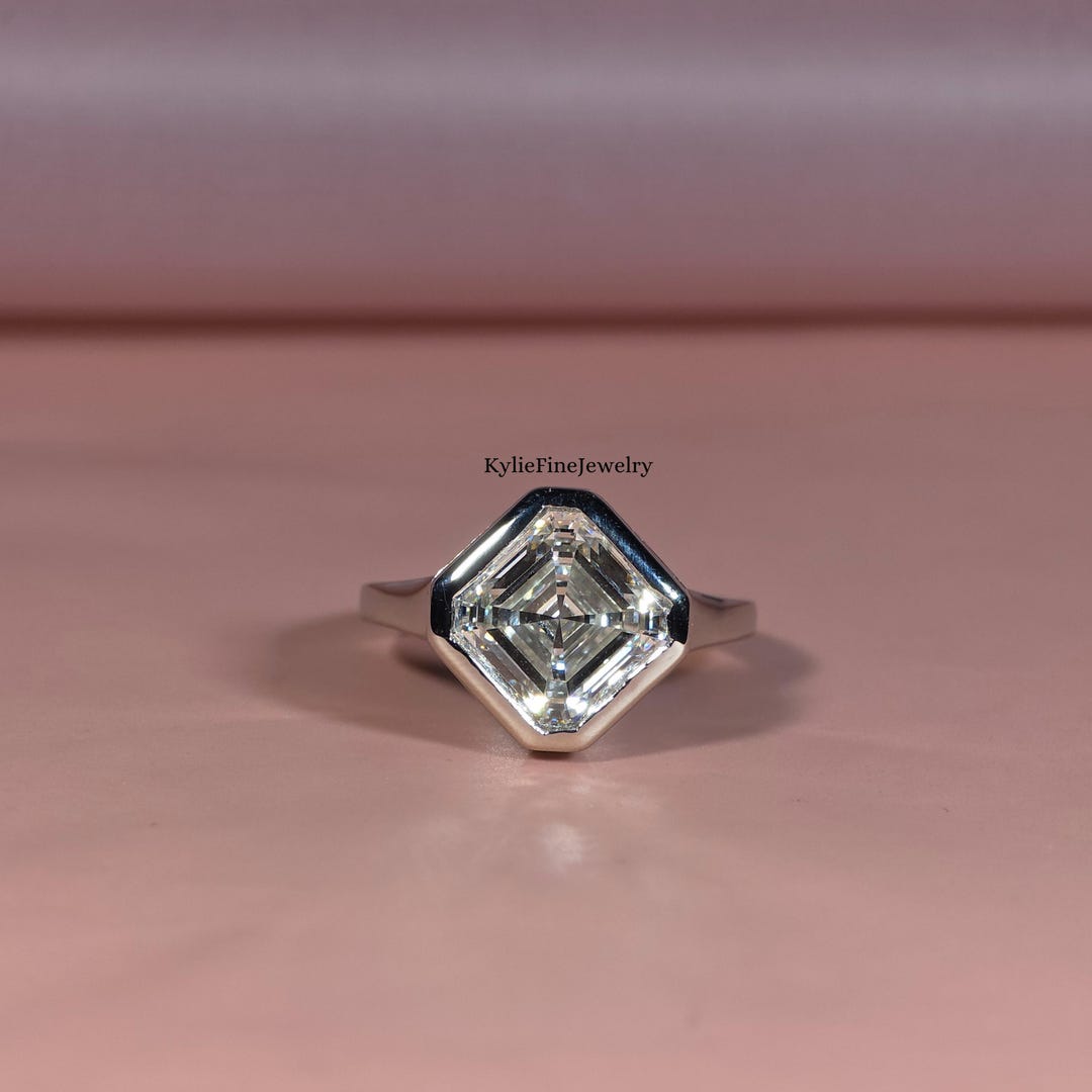 4.50CT Asscher Cut Lab Grown Solitaire Ring Full Bezel Set Proposal ...