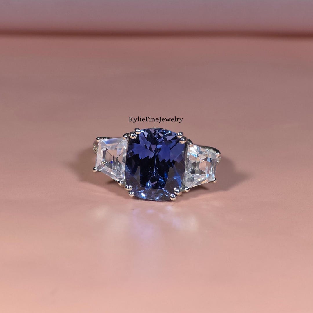Blue Sapphire Cushion Cut Gemstone Ring With Side Trapezoid Cut Three ...