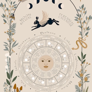 Digital Art Print Calendar Pagan Moon Phases Illustrated Rabbit Wings ...