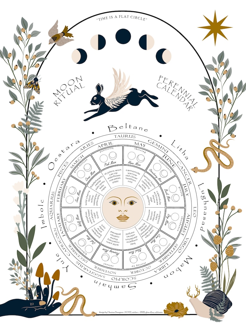 Digital Art Print Calendar Pagan Moon Phases Illustrated Rabbit Wings ...