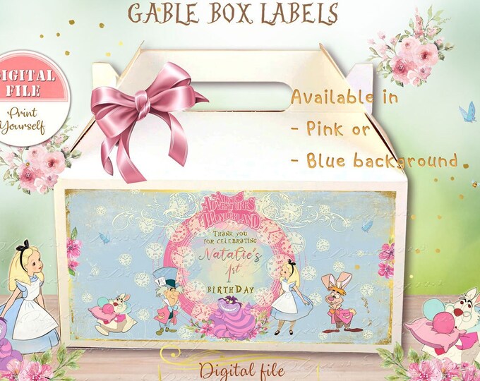 Alice in Wonderland Gable Box Labels, Alice Birthday Party Favor Bags ...