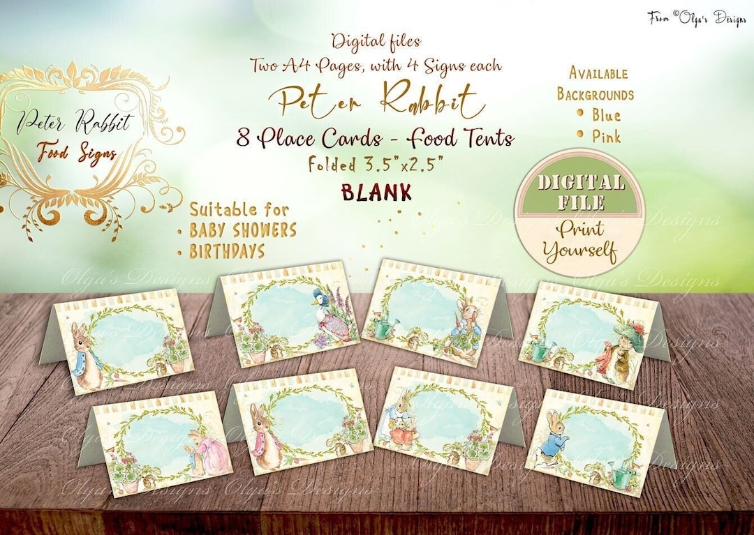 Peter Rabbit Place Cards, Blank Food Tent Cards, Peter Rabbit Birthday ...