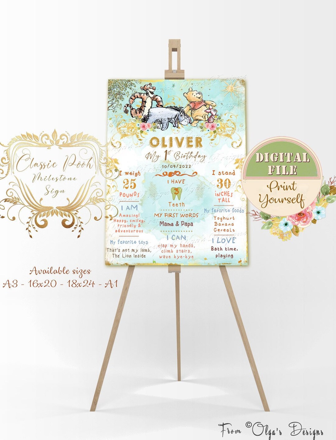 Classic Winnie the Pooh Birthday Milestone Board, Pooh Milestone Board ...