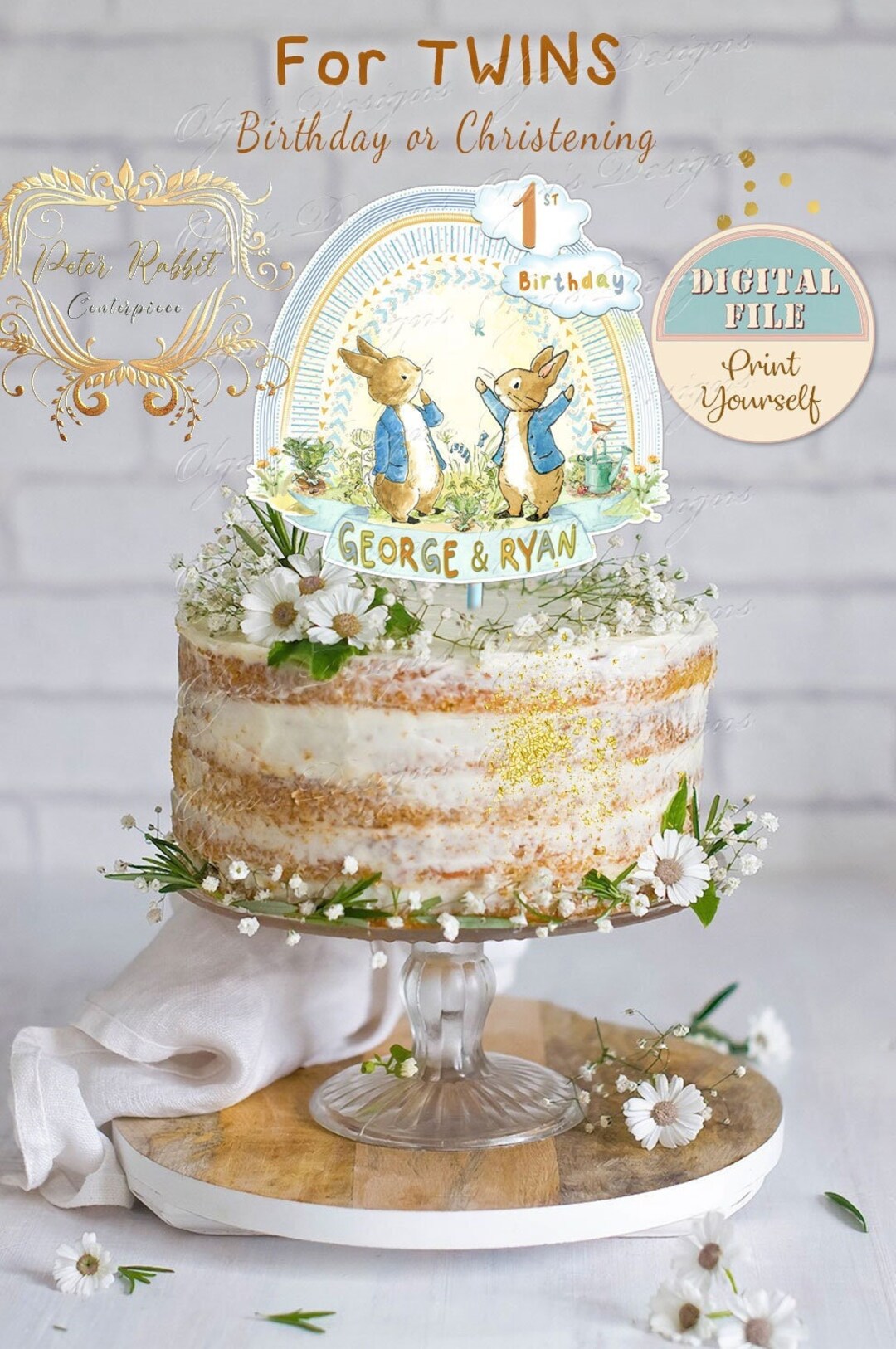 Peter Rabbit TWINS Cake Topper, Peter Rabbit 1st Birthday Centerpiece ...