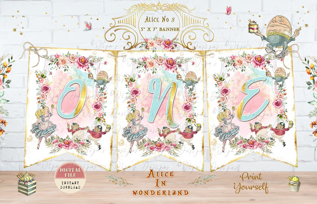 Alice in Wonderland ONE Banner, Printable 1st Birthday Party, Digital ...
