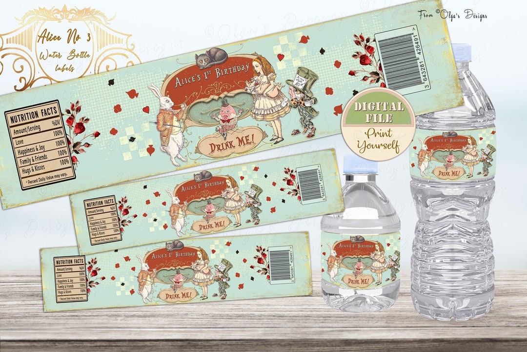 Alice in Wonderland Water Bottle Labels, Mad Hatter Tea Party (digital ...