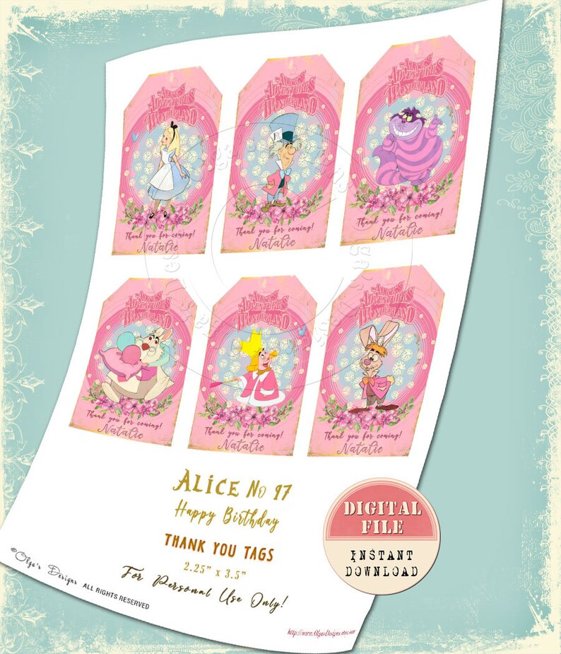 Alice in Wonderland Thank You Tags Alice Birthday Party Thank - Etsy