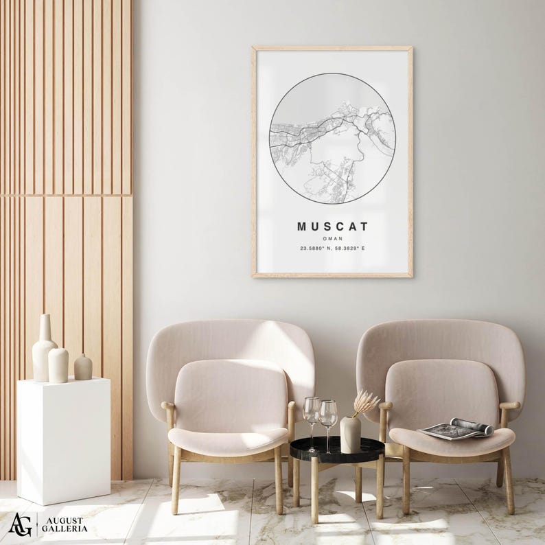 Muscat Minimalist Map Print | Modern Black & White City Map Poster ...