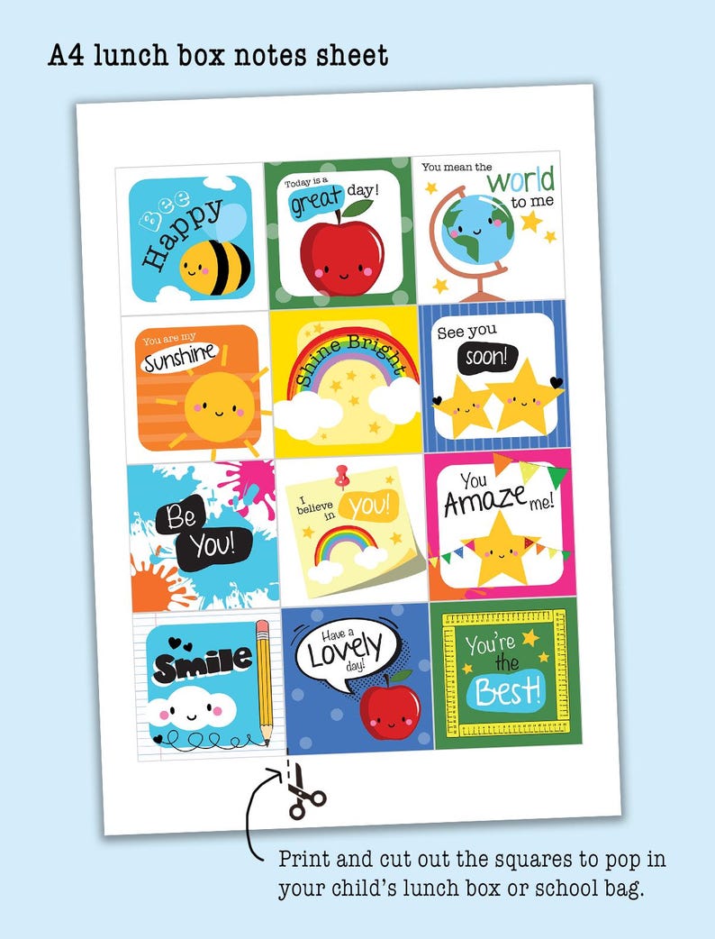 A4 Printable Lunch Box Notes Sheet - Cut Out X12 60mm Squares - Etsy