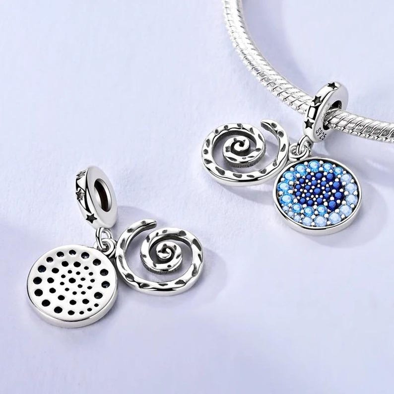 Ocean Wave Pandora Charm | Blue Crystal Disc | Silver Spiral Swirl ...