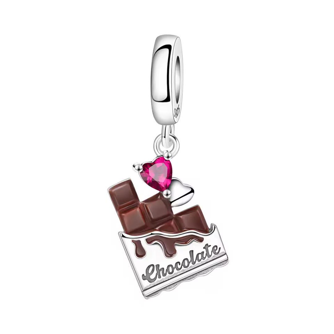 Chocolate Bar Pandora Charm | Brown Enamel Candy | Pink Heart Crystal ...