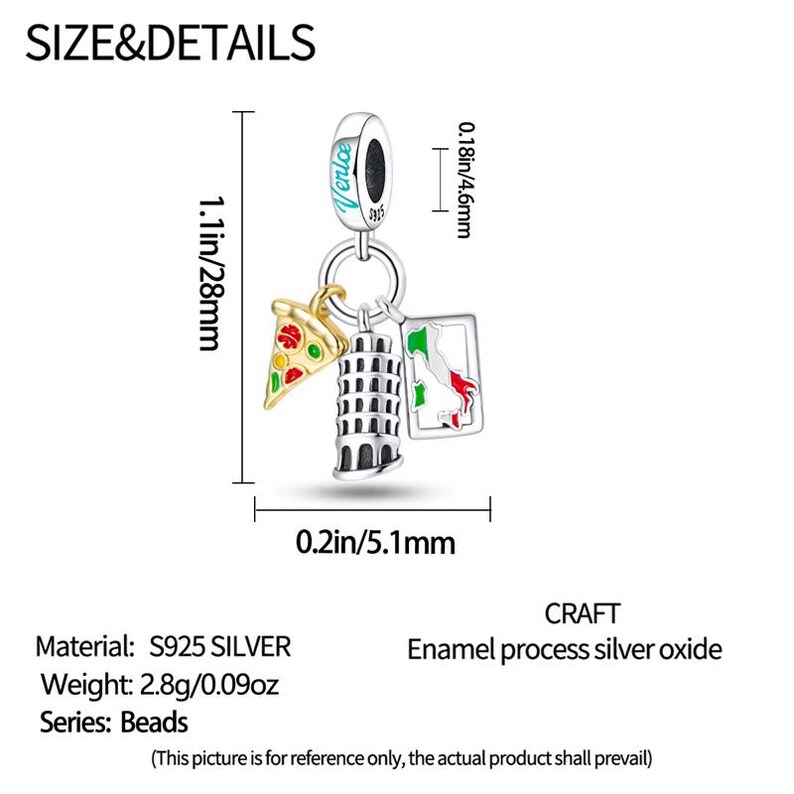 Italy Pizza Tower Bead Fits Pandora Charm Bracelet, Silver Venice ...
