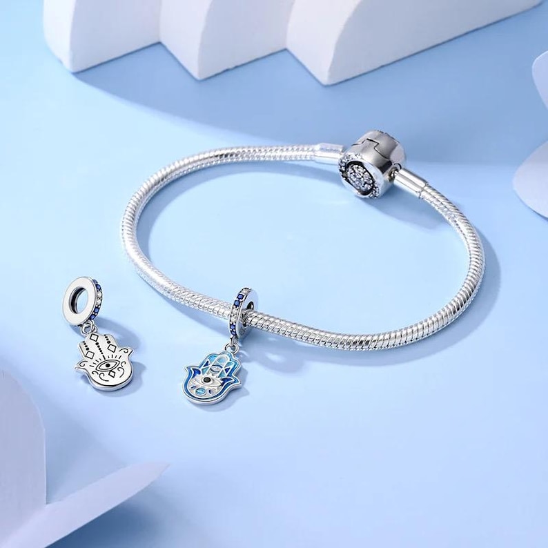 Blue Hamsa Hand Bead Fits Pandora Charm Bracelet, Silver Evil Eye ...