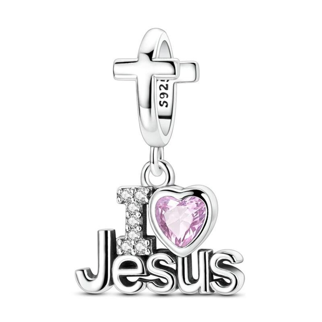 I Love Jesus Charm Fits Pandora | Cross Bail Dangle | Pink Heart ...