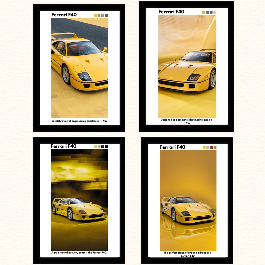 Yellow Ferrari F40 Poster Pack | 7 Sizes Vintage Car Wall Art | High ...
