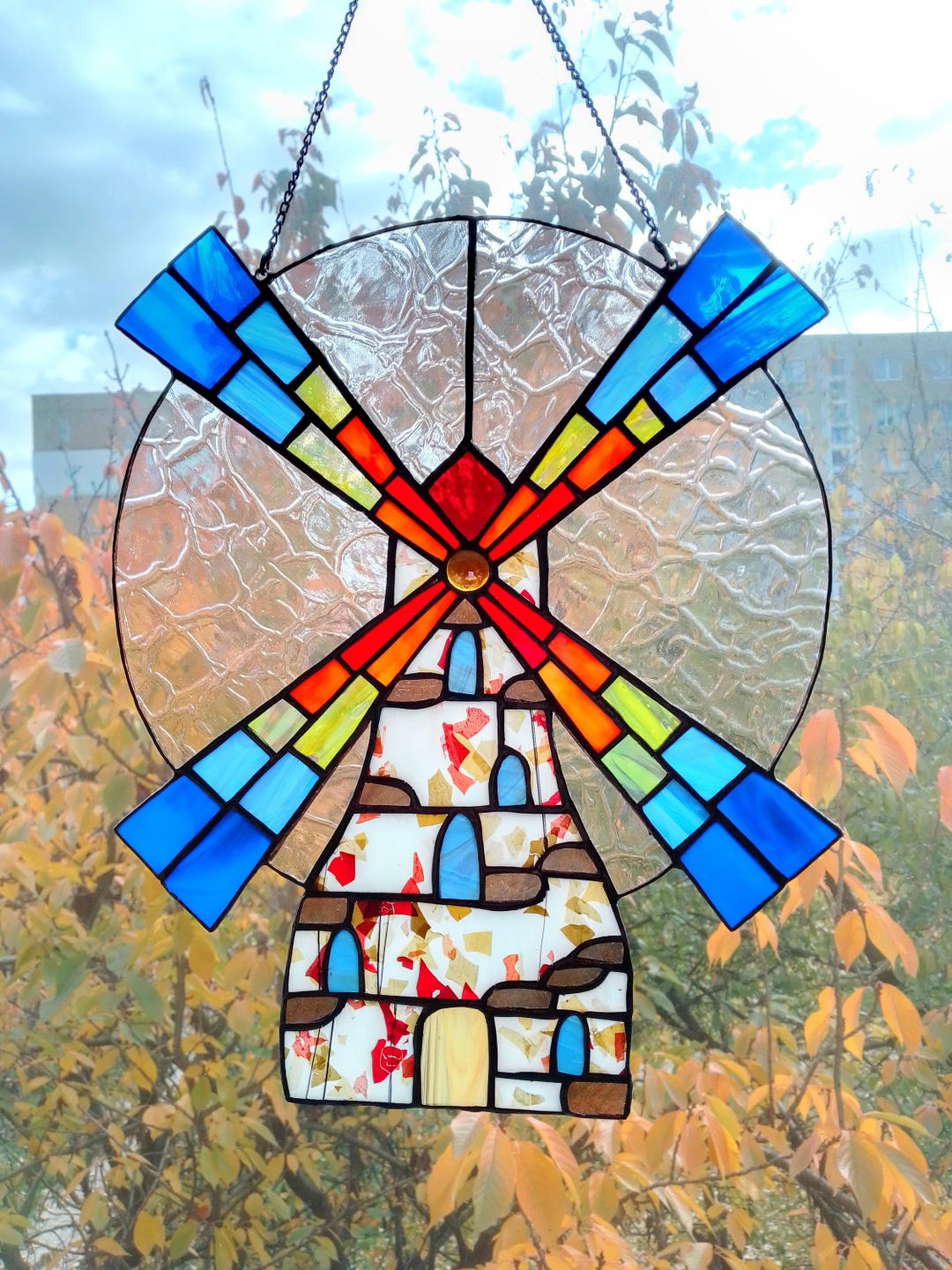 Stained Glass Windmill Suncatcher: Handmade Window Panel, Home Decor - Etsy