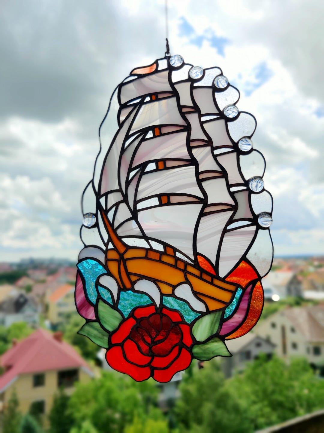 Nautical Stained Glass Window Art: Frigate Suncatcher for Home Decor ...