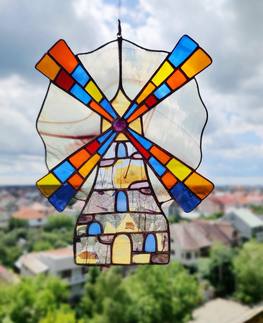 Stained Glass Panel Windmill Design Stained Glass Hanging Window Panel ...