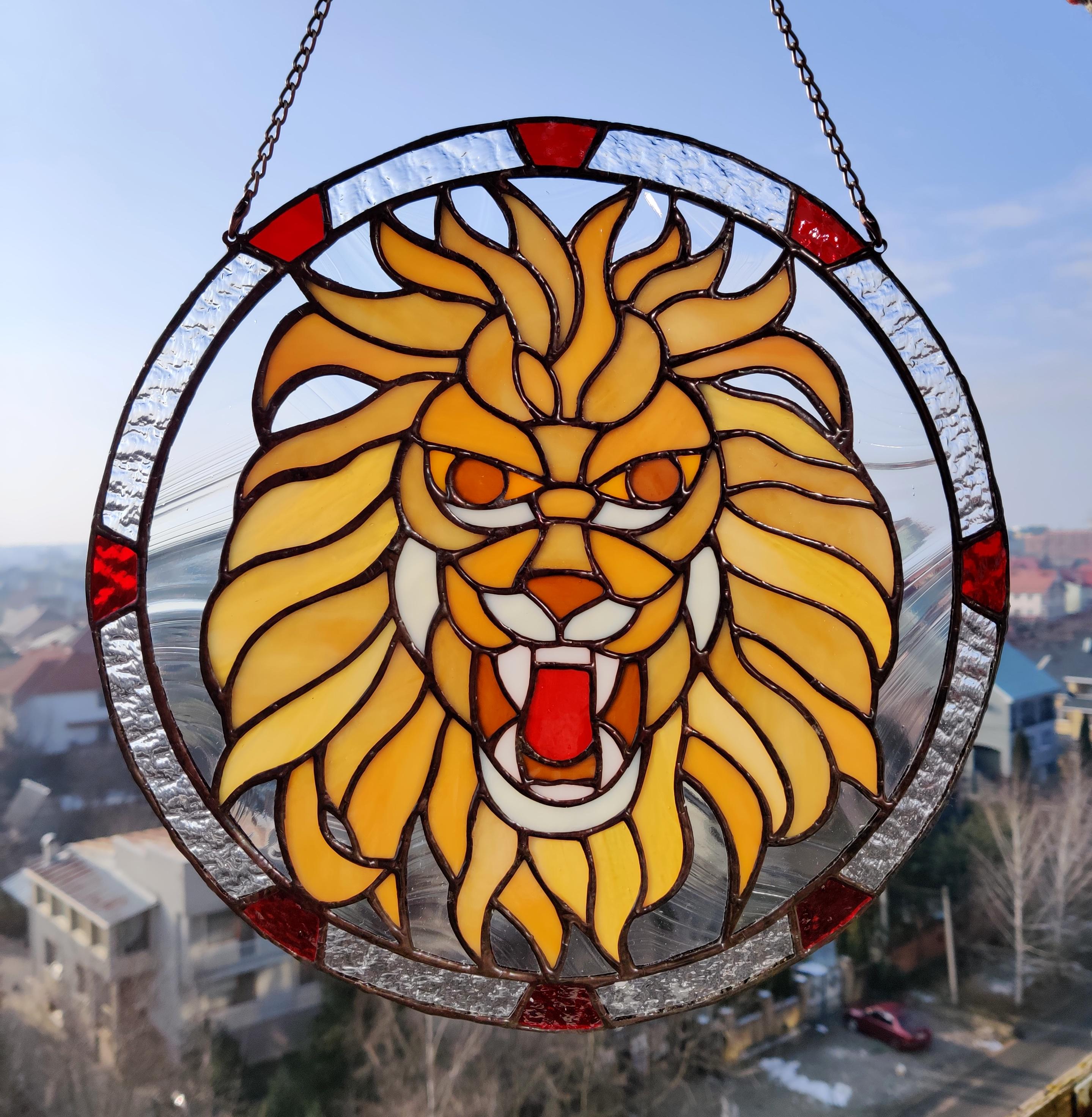 Stained Glass Window Panel Lion Head Design Suncatcher Lion Home ...