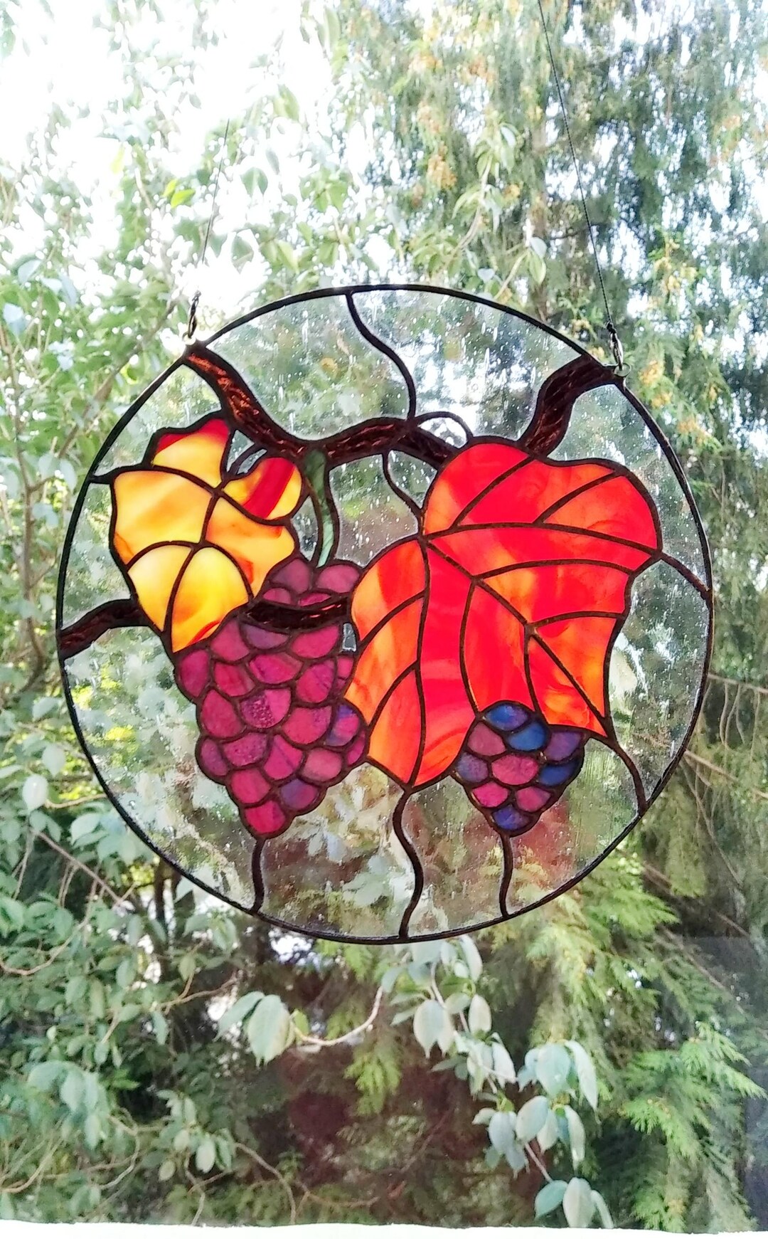 Stained Glass Window Panel Grape Vine Design Suncatcher Home Decoration ...