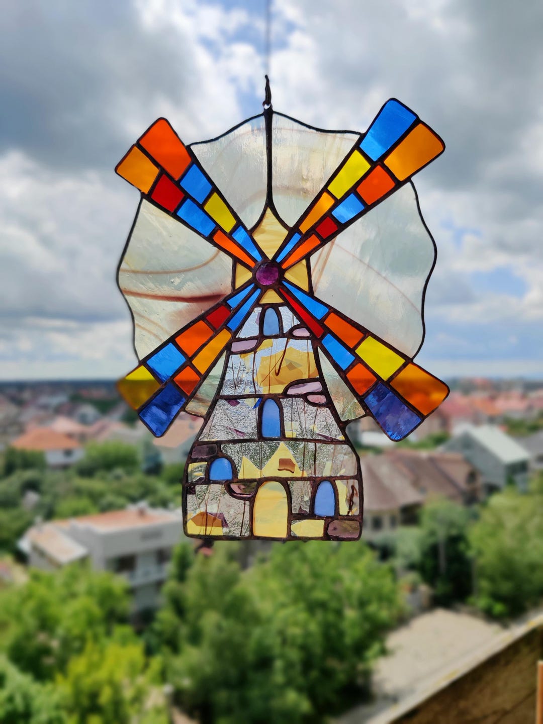 Tiffany Style Stained Glass Windmill Panel – Colorful Sun Catcher ...
