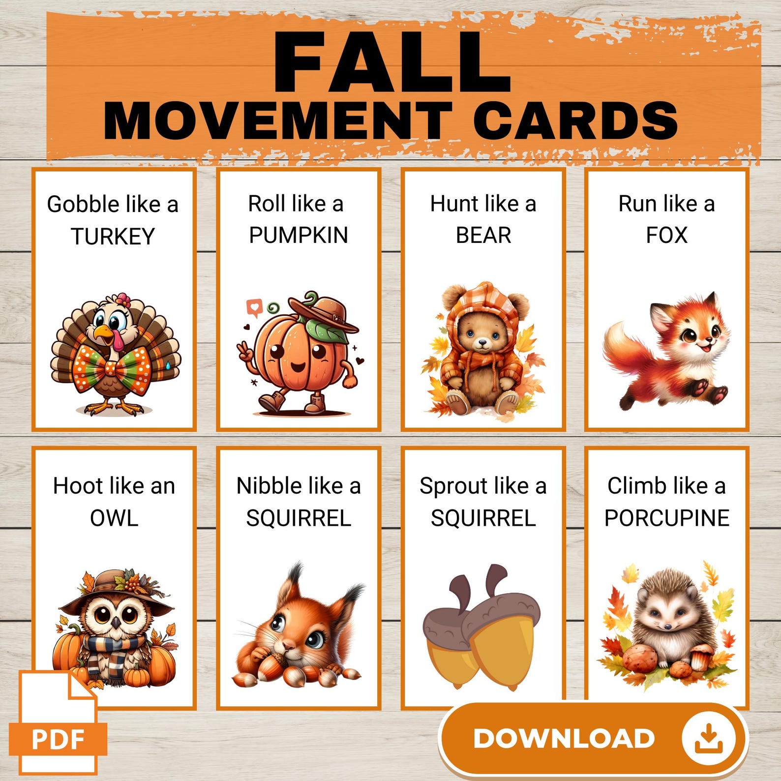 Fall Movement Cards, Thanksgiving Games, Flash Cards, Montessori ...