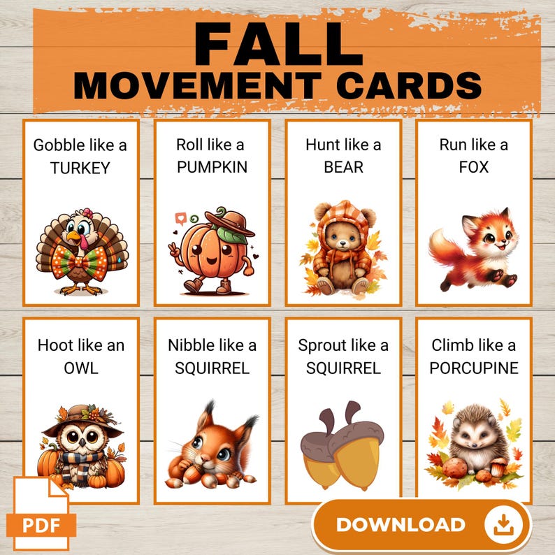 Fall Movement Cards, Thanksgiving Games, Flash Cards, Montessori ...