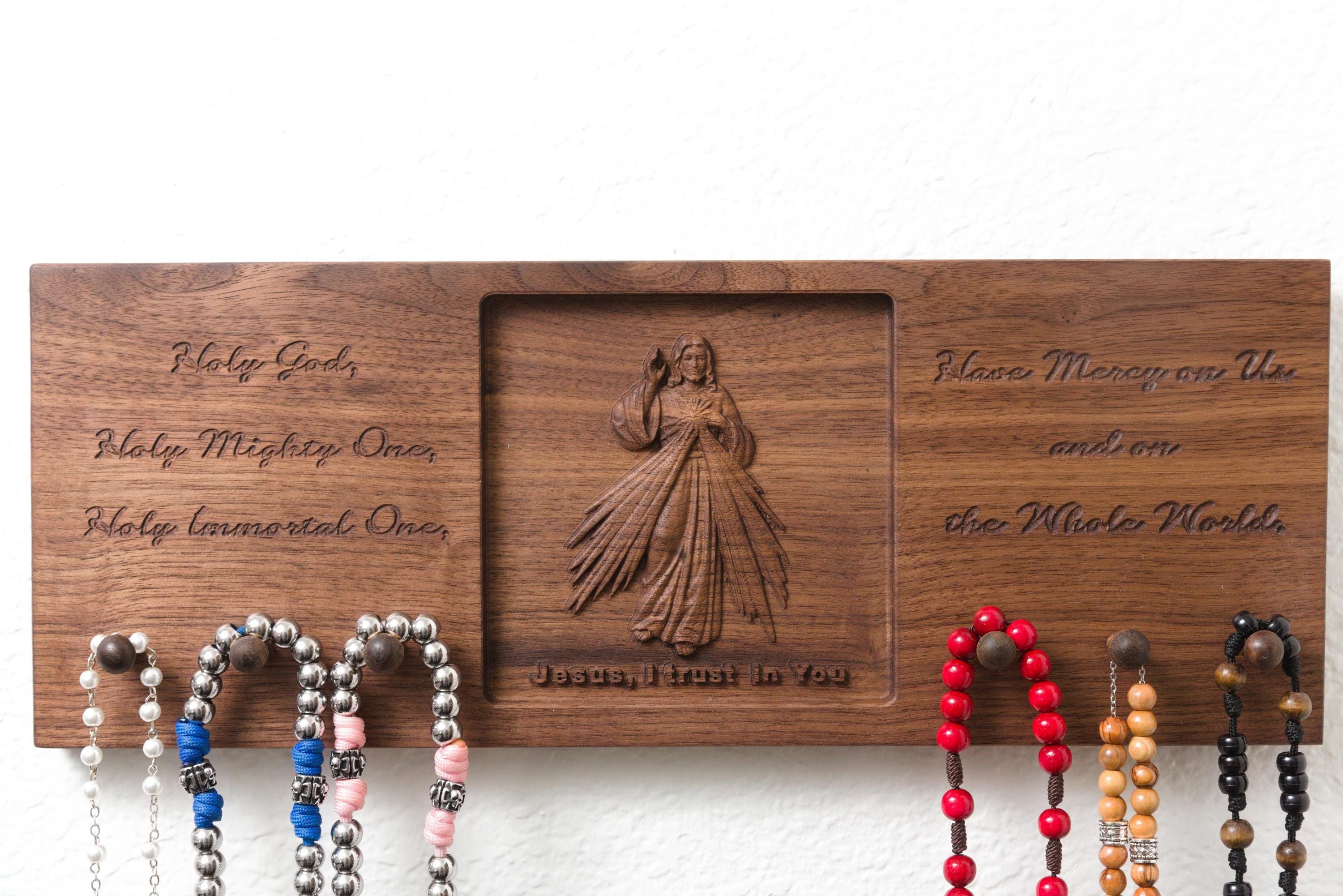 Divine Mercy Chaplet Holder Rosary Hanger Display Wood Wall Carved Sign ...