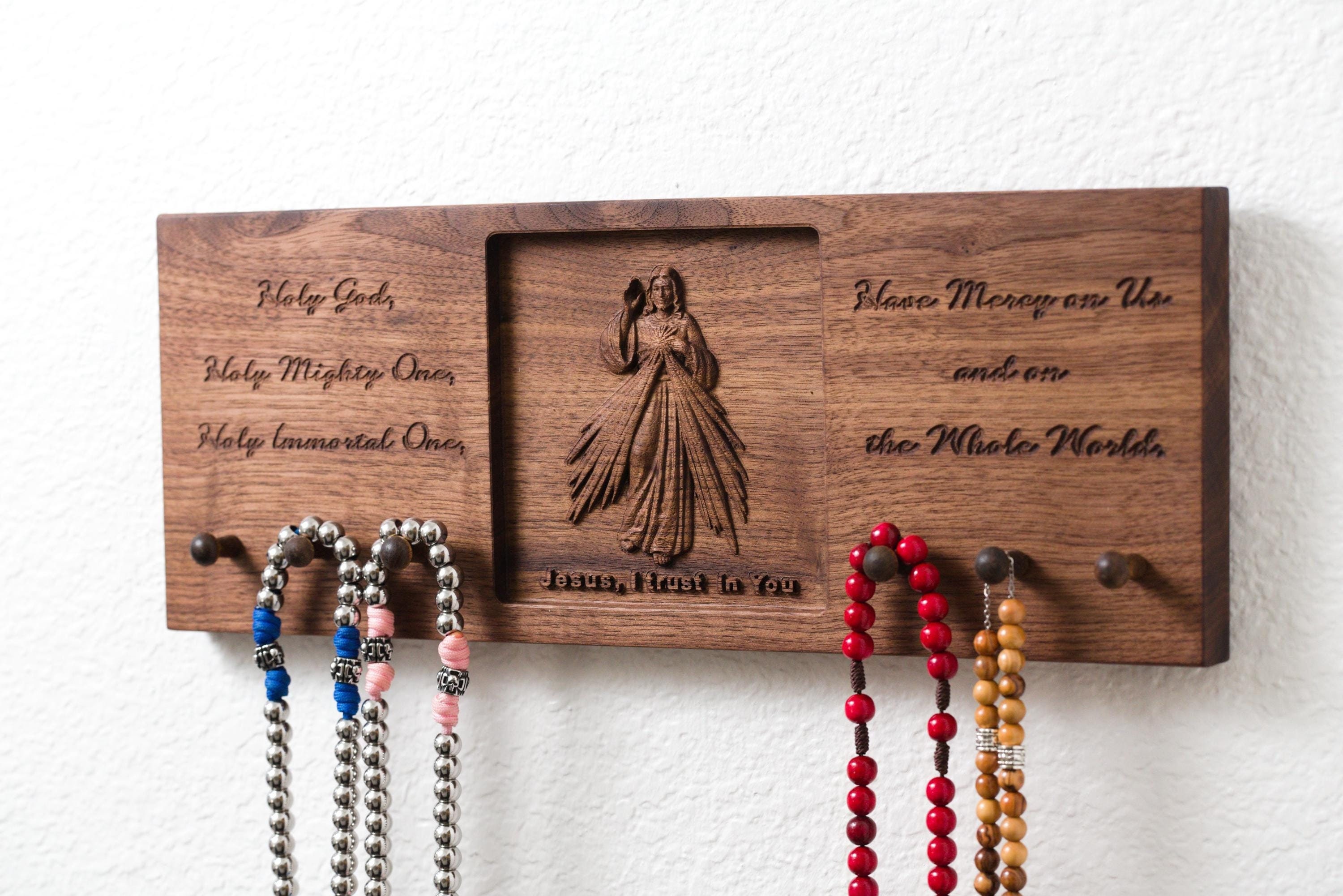 Divine Mercy Chaplet Holder Rosary Hanger Display Wood Wall Carved Sign ...
