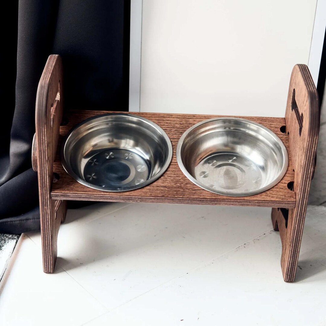 Adjustable Stand Feeder With Wooden Base, Cat Bowl Stand, Dog Food Bowl ...