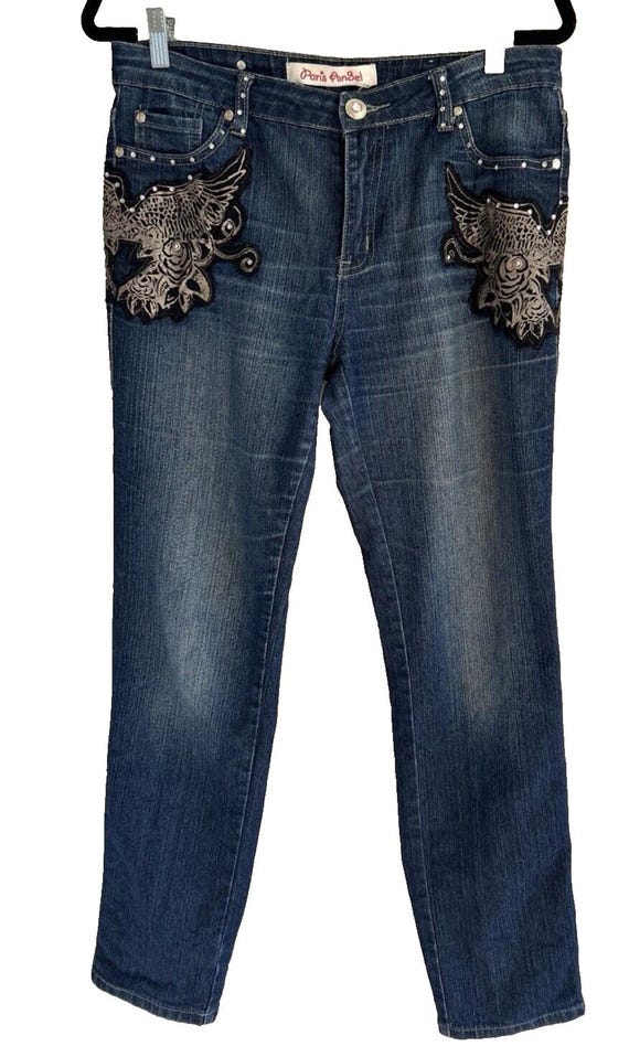 Vintage Paris Angel Jeans 90s Y2K Embroidered Bling G… - Gem