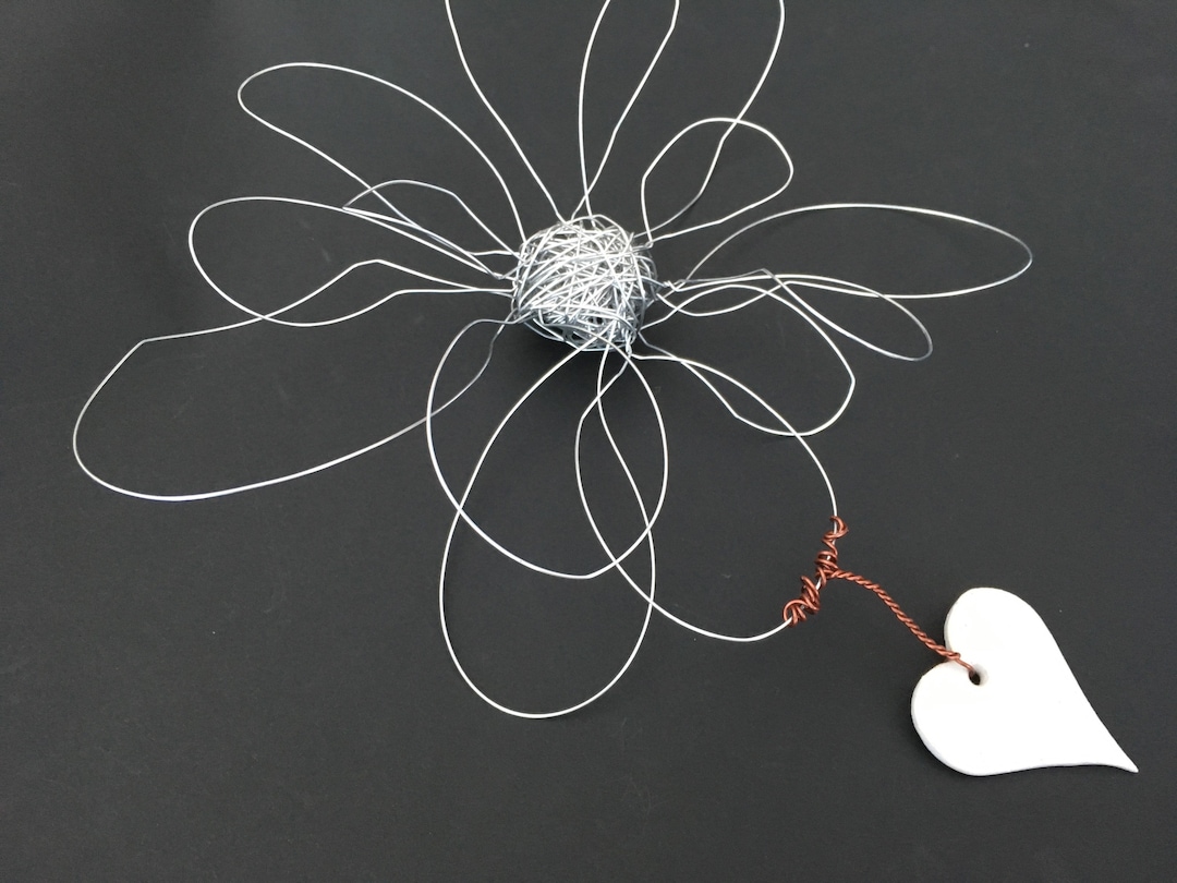 Wire Art Flower Sculpture, Wall Art, Silver Wire Flower With Ceramic ...