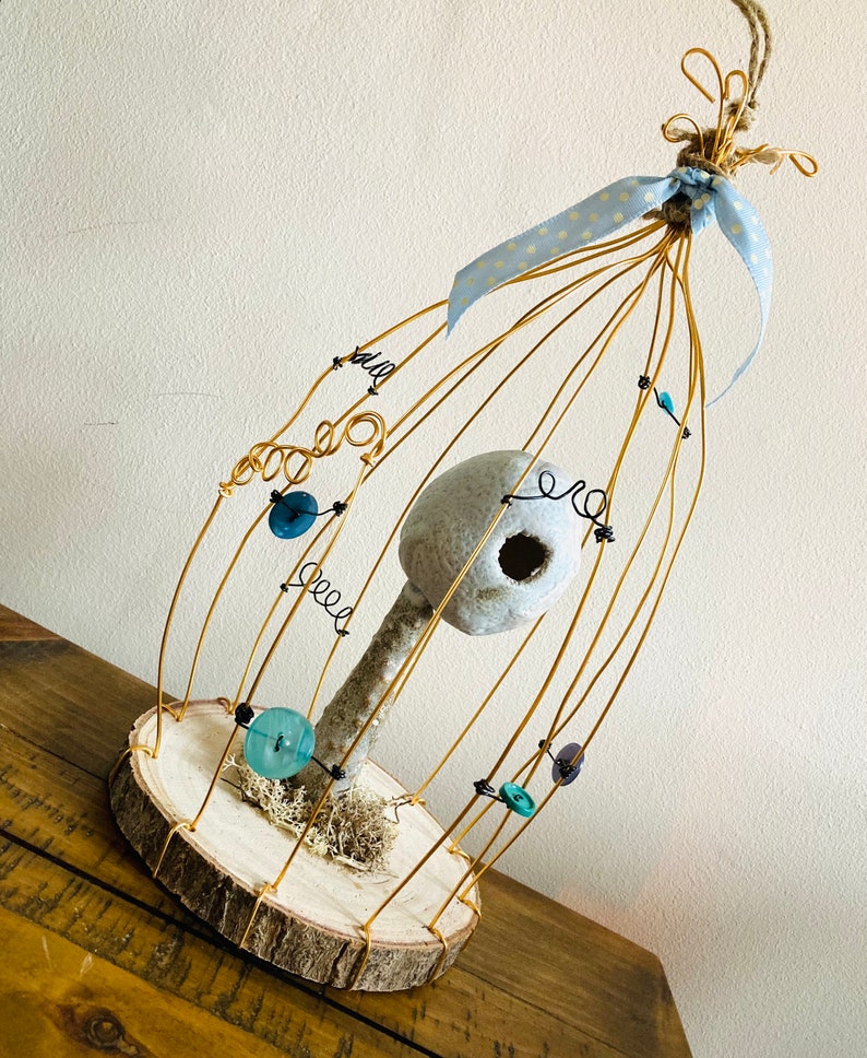 Wire Bird Cage With Ceramic Creature, Clay Sculpture, Ceramic Sculpture ...