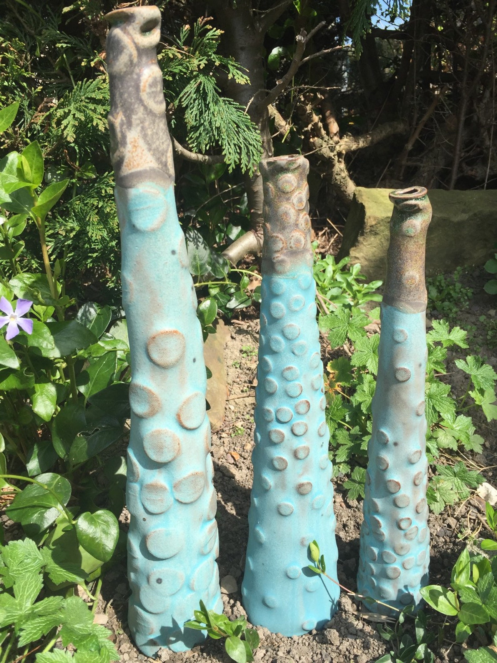 Handmade Ceramic Garden Sculpture Set, Turquoise Organic Vessels - Etsy