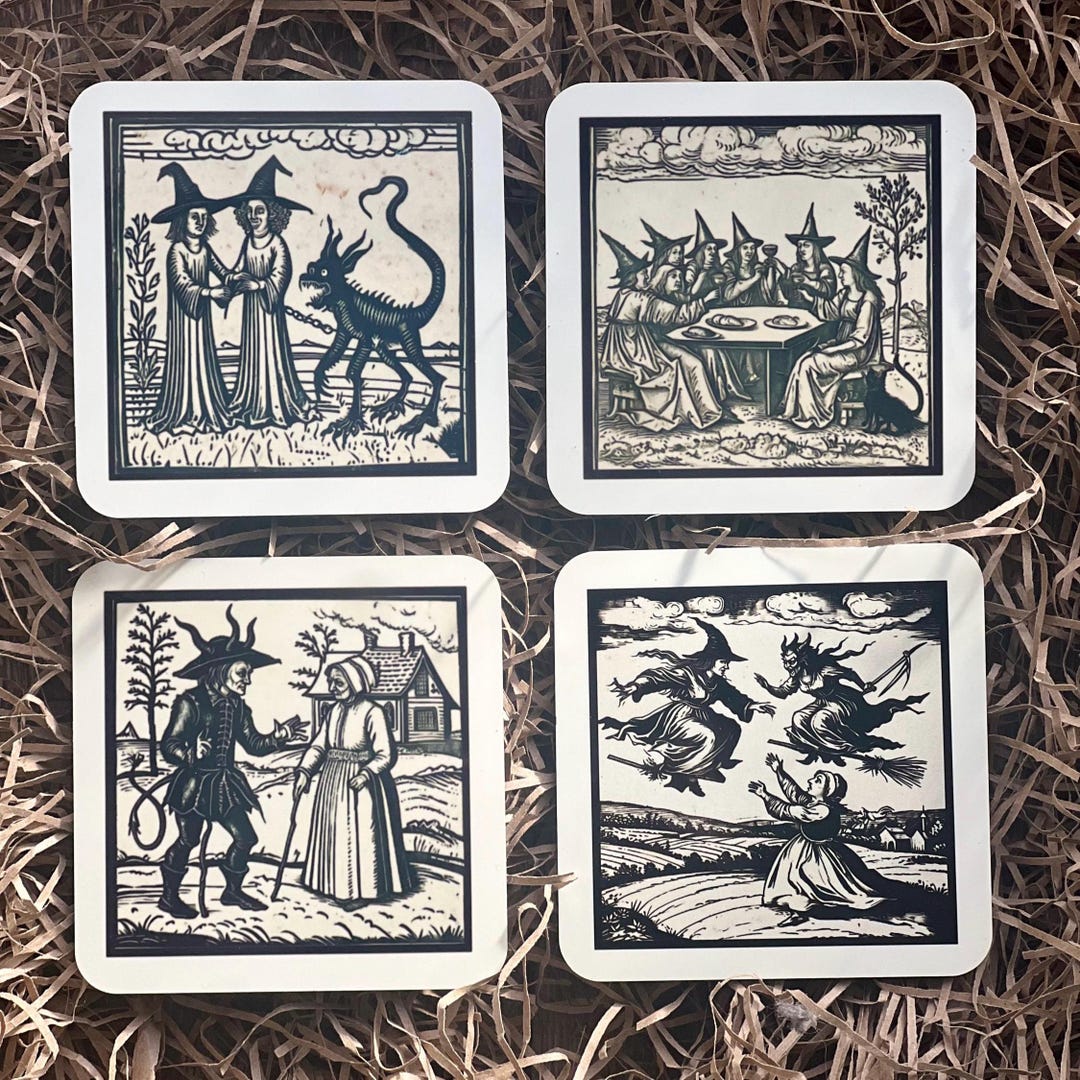 Set of 4 Woodcut Witch Inspired Coasters Dark Academia Folklore Witchy ...